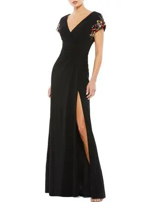 Mac Duggal Embellished Jersey Wrap Gown - Black Multi