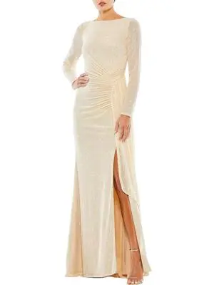 Mac Duggal Sequined Ruched Long Sleeve Gown - Pearl