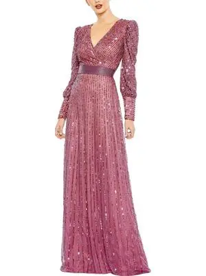 Mac Duggal Sequined Bishop Sleeve Gown - Mauve