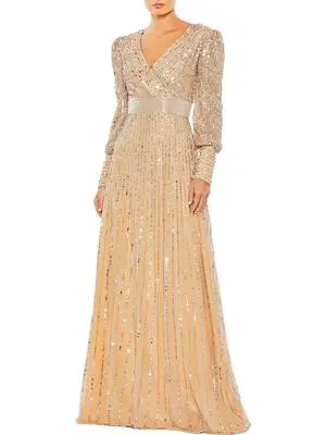 Mac Duggal Sequined Bishop Sleeve Gown - Vanilla Silver