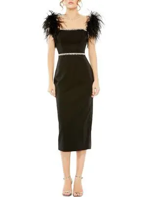 Mac Duggal Feather Cap Sleeve Embellished Midi Dress - Black