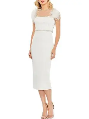 Mac Duggal Feather Cap Sleeve Embellished Midi Dress - White