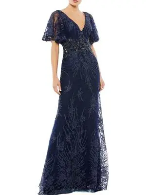 Mac Duggal Mac Duggal Vintage Flutter Sleeve Evening Gown Midnight
