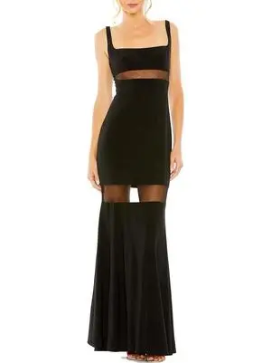 Mac Duggal Sheer Mesh Panel Column Gown - Black
