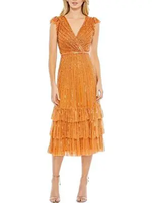 Mac Duggal Mac Duggal Sequined Wrap Dress With Ruffle Hem Burnt Orange