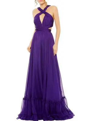 Mac Duggal Sleeveless Crisscross Halter Cutout Keyhole Tiered Gown - Purple