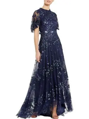 Mac Duggal Sequined High Neck A-line Gown - Midnight