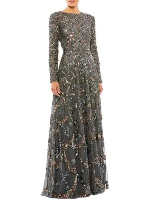 Mac Duggal Embellished Illusion A-line Gown - Charcoal