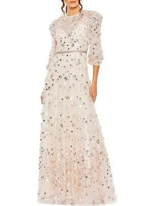 Mac Duggal Floral Applique Puff Sleeve A-line Gown - Blush