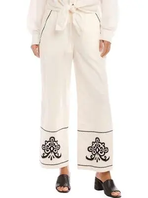 Karen Kane Embroidered Cotton Drawstring Pants - Cream