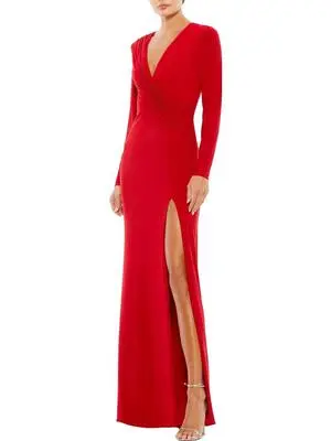 Mac Duggal Jersey Long Sleeve Asymmetrical Ruched Gown - Red