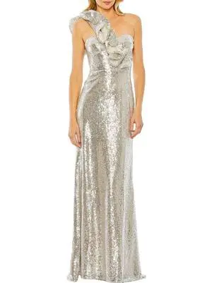 Mac Duggal Sequin Ruffled One Shoulder Gown - Nude Silver