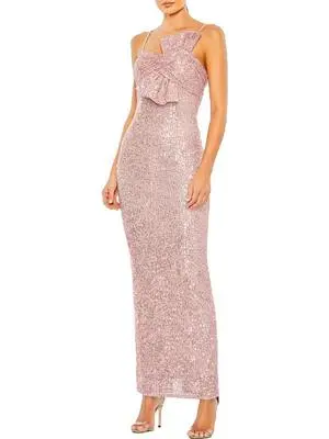 Mac Duggal Sequined Strapless Faux Bow Column Gown - Rose Pink