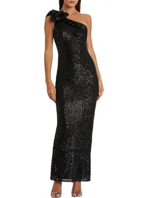 Mac Duggal Sequined One-shoulder Column Gown With Bow - Black