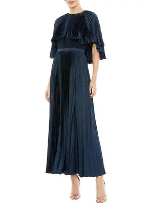 Mac Duggal Mac Duggal Pleated Capelet Tea-Length Dress Midnight