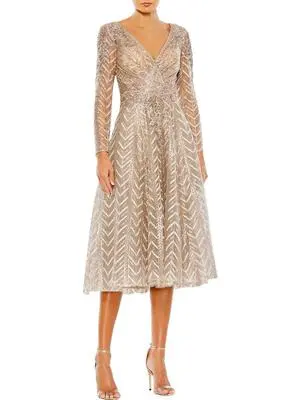 Mac Duggal Embellished Long Sleeve Wrap Over Dress - Taupe