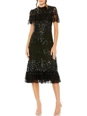 Mac Duggal Sequin High Neck Midi Dress - Black