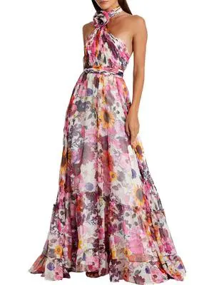 Mac Duggal Mac Duggal Asymmetrical Ruffled Halter Floral Gown 112
