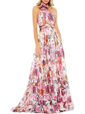 Mac Duggal Asymmetrical Ruffled Halter Floral Gown - Pink/white Multi