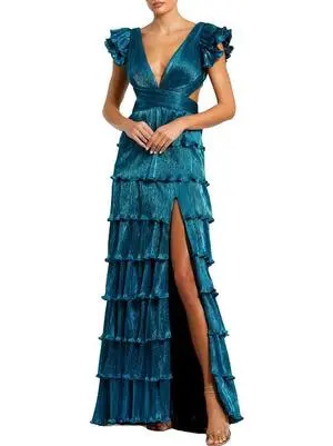 Mac Duggal Ruffle Tiered Lace-up Gown - Blue