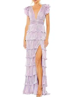 Mac Duggal Ruffle Tiered Lace-up Gown - Purple Multi