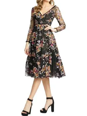 Mac Duggal Floral Embroidered Tea-length Dress - Black Multi