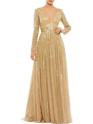 Mac Duggal Mac Duggal Sequined Plunging V-Neck Gown Taupe
