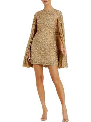Mac Duggal Sequined Cape Sleeve Mini Dress - Gold