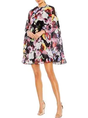Mac Duggal Floral Mini Dress With Cape Overlay - Multi
