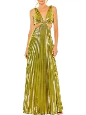 Mac Duggal Pleated Metallic Cutout Bodice Gown - Chartreuse