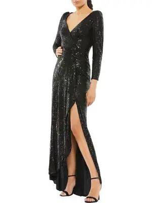 Mac Duggal Sequin Faux Wrap Gown - Black