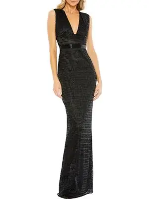 Mac Duggal Beaded Column Gown With V-neckline - Black