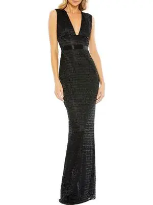 Mac Duggal Beaded V-neck Column Gown - Black