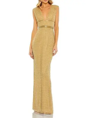 Mac Duggal Beaded Column Gown With V-neckline - Gold