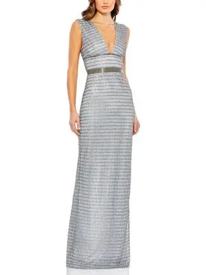 Mac Duggal Beaded Column Gown With V-neckline - Silver