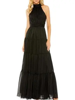 Mac Duggal Pleated Bodice Tiered Halter Gown - Black