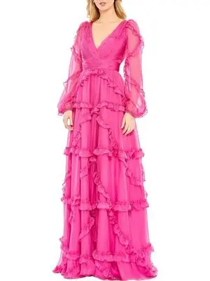 Mac Duggal Cascaded Ruffle Puff Sleeve A-line Gown - Fuchsia
