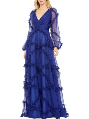 Mac Duggal Mac Duggal Cascaded Ruffle Puff Sleeve A-Line Gown Sapphire