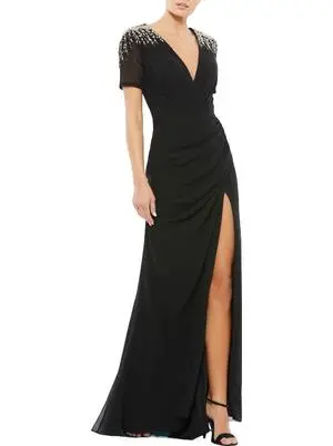 Mac Duggal Sequined Embellished Shoulder Evening Gown - Black