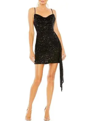 Mac Duggal Sequined Cowl Neck Mini Dress - Black