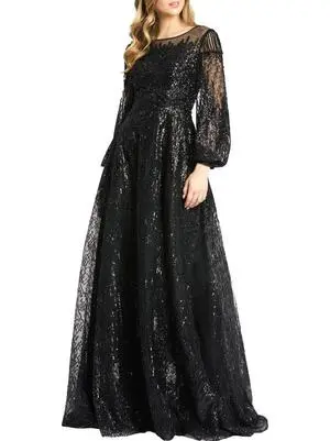 Mac Duggal Jewel Encrusted Illusion Long Sleeve A-line Gown - Black