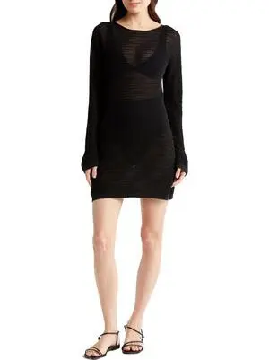 Solid & Striped The Nicki Rib Long Sleeve Linen Blend Cover-up Dress - Noir