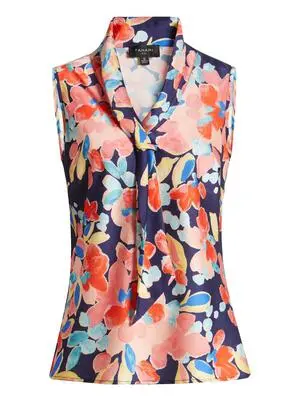 TAHARI ASL Floral Sailor Tie Neck Sleeveless Top - Navy Coral Floral