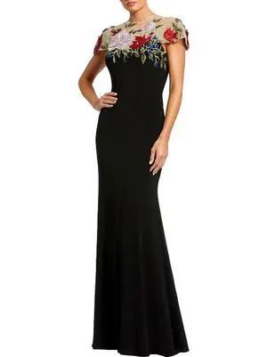 Mac Duggal Floral Embellished Fitted Gown - Black Multi