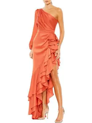 Mac Duggal One-sleeve Ruffled Gown - Orange