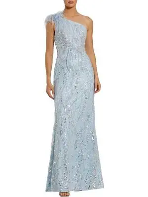 Mac Duggal Feathered One-shoulder Gown - Powder Blue