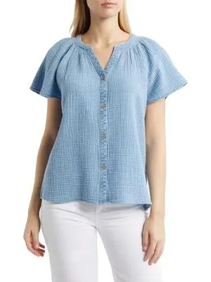 BEACHLUNCHLOUNGE Lark Cotton Gauze Button-up Shirt - Blue Acid Wash