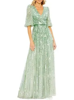 Mac Duggal Sequined Tulle Gown - Sage