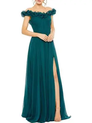 Mac Duggal Ruched Off-the-shoulder A-line Gown - Teal