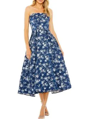 Mac Duggal Floral Strapless Brocade Midi Dress - Blue Multi
